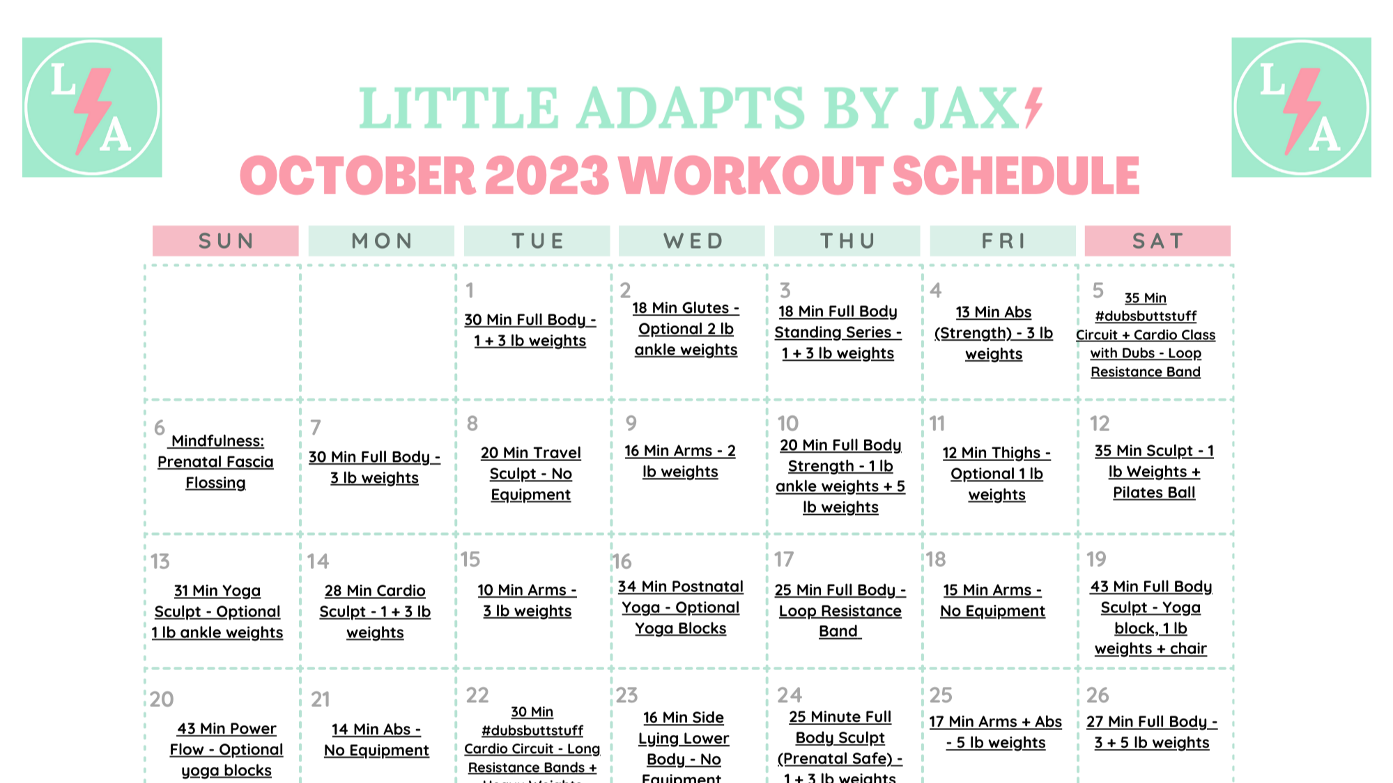 October 2024 Workout Calendar - Little Adapts By Jax