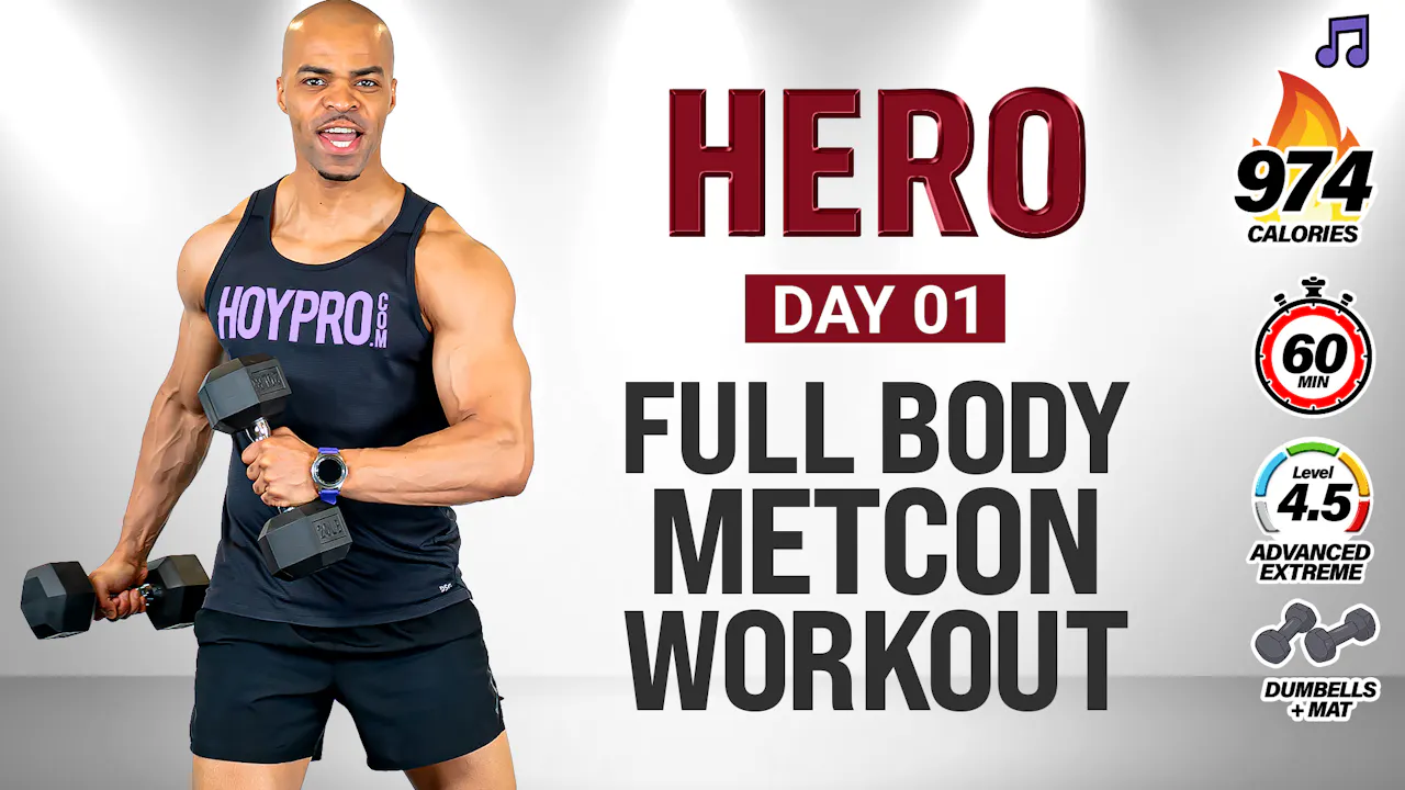 60 Minute Full Body Dumbbell MetCon Workout - HERO #001 (Music ...